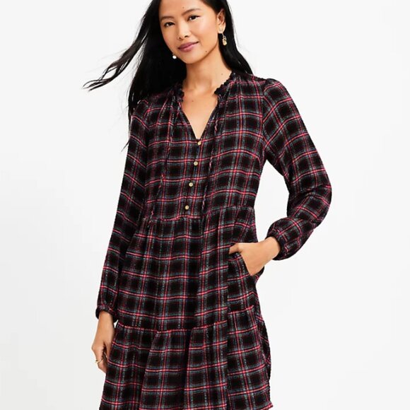 LOFT | Dresses | Loft Xs Plaid Dress W Gold Metallic Embroidery | Poshmark